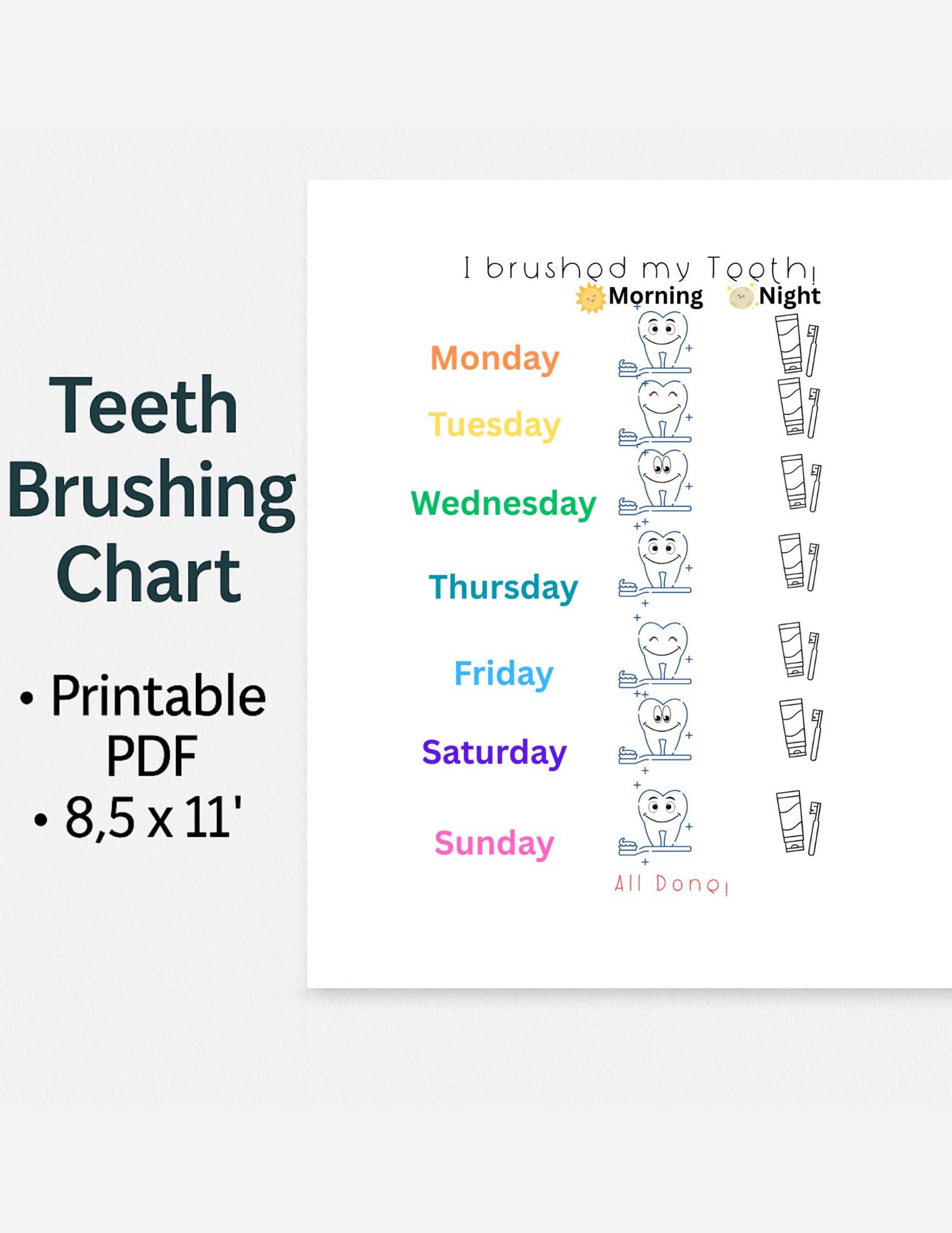 Teeth Brushing Chart for Kids – Printable Morning & Night Dental ...