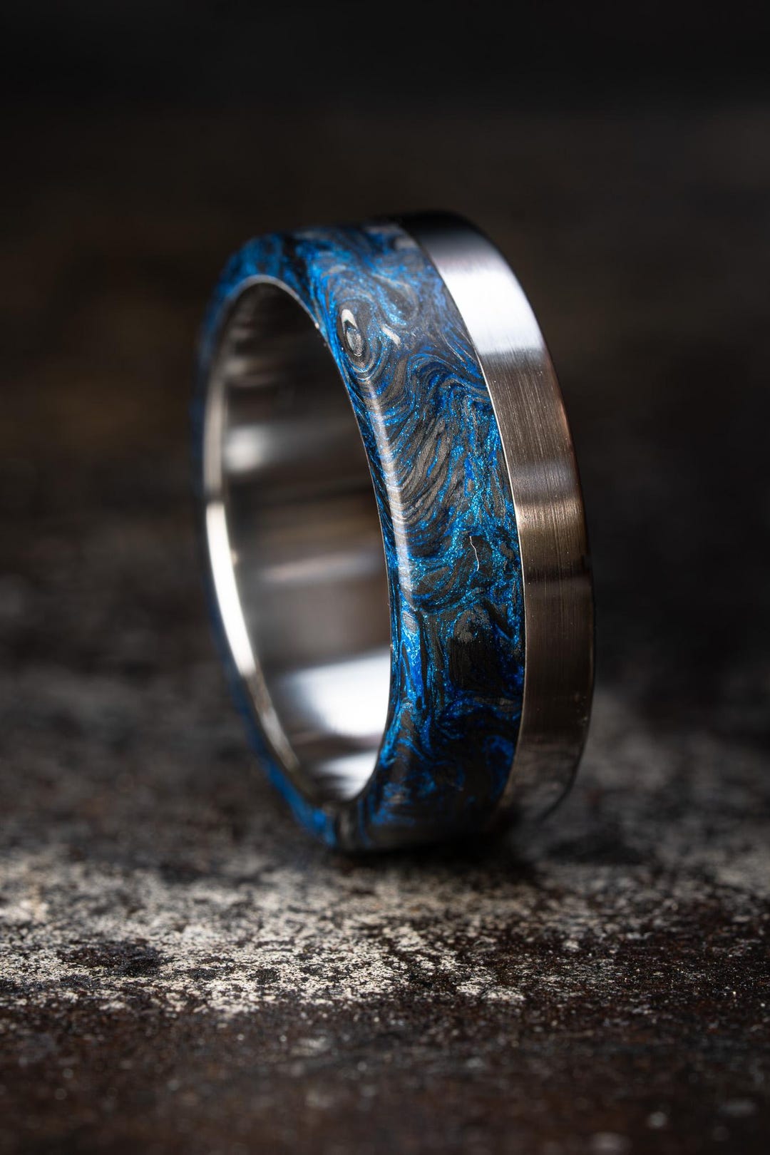 Titanium Blue Ring Wedding Band for Men With Blue Forged Carbon Fiber ...