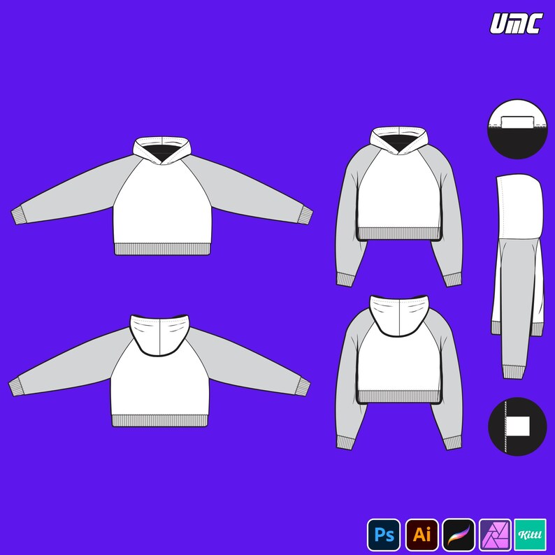 Midriff Crop Raglan Hoodie Mockup: Streetwear Design Template (JPG, PNG ...