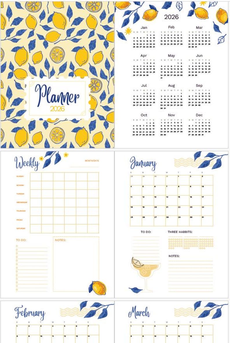 2026 Yearly Planner Printable | Lemon Planner 2026 | Minimal Monthly ...