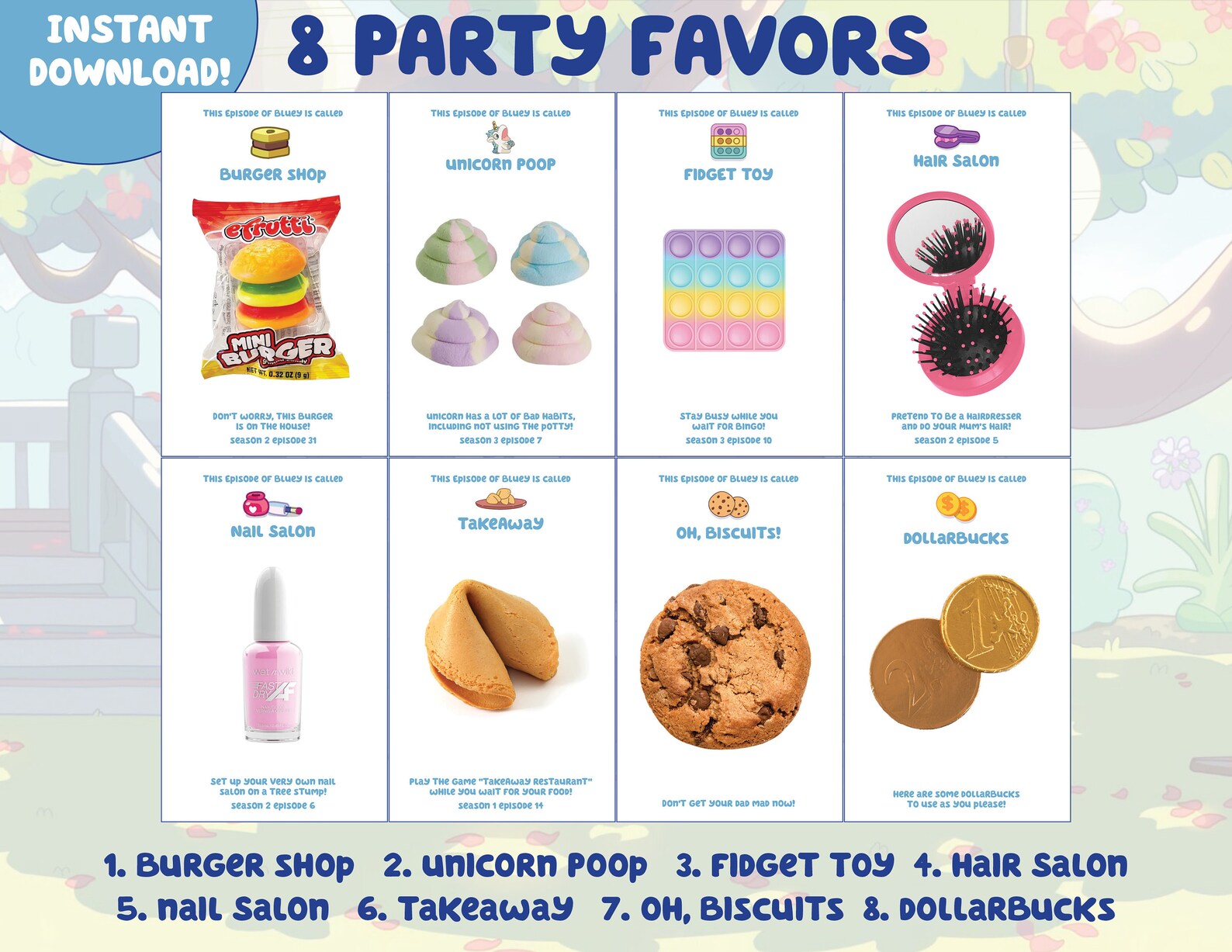 8 Bluey Digital Favor Bundle, Burger Shop, Unicorn Poop, Fidget Toy ...
