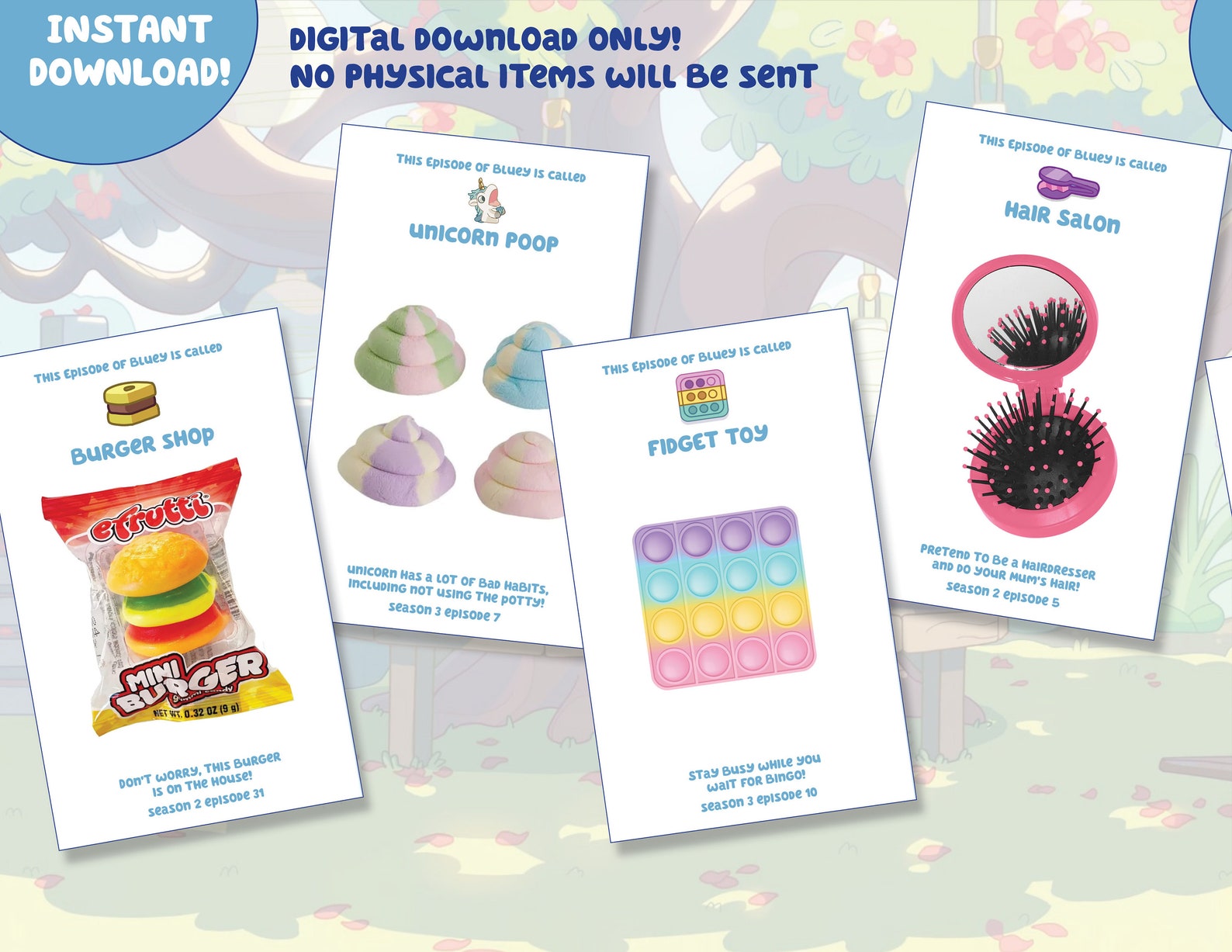 8 Bluey Digital Favor Bundle, Burger Shop, Unicorn Poop, Fidget Toy ...