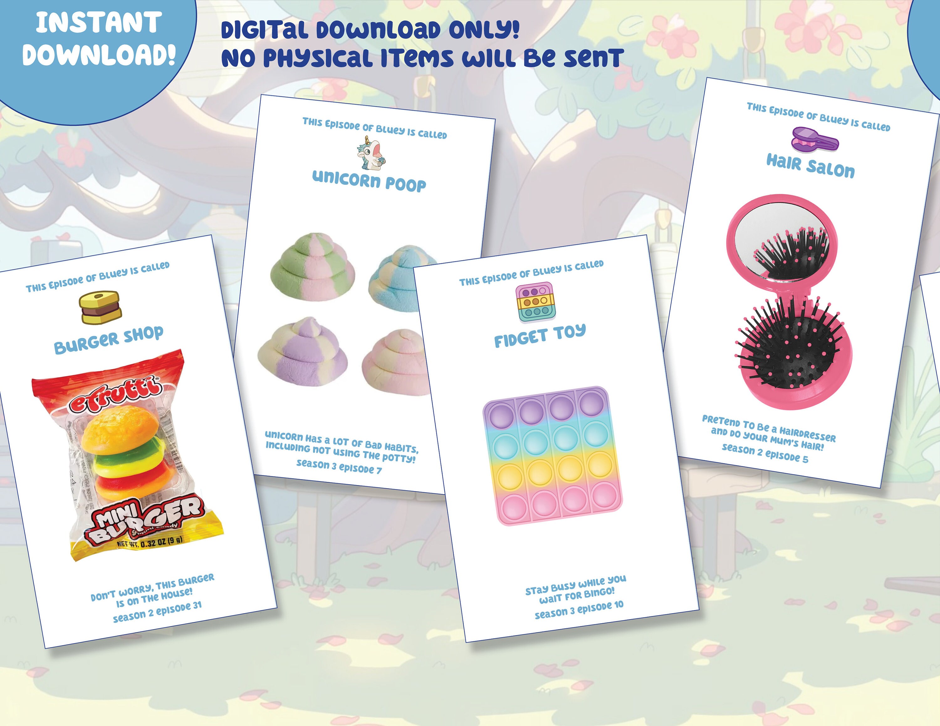 8 Bluey Digital Favor Bundle, Burger Shop, Unicorn Poop, Fidget Toy ...