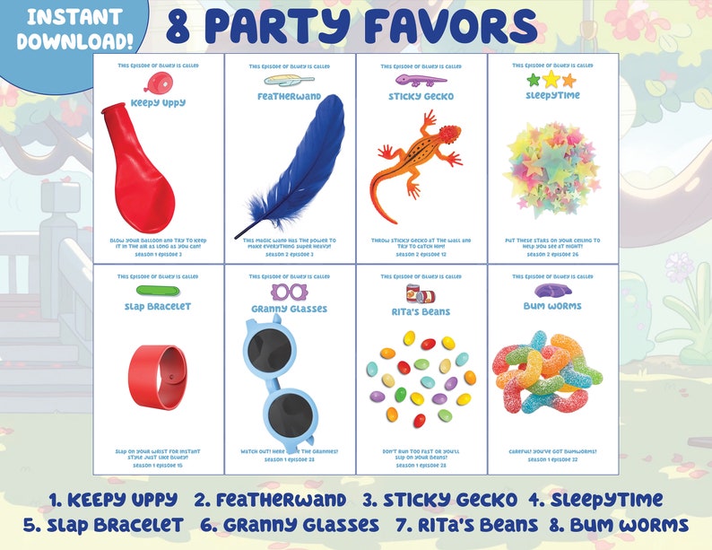 8 Bluey Digital Favor Bundle, Keepy Uppy, Feather Wand, Sticky Gecko ...