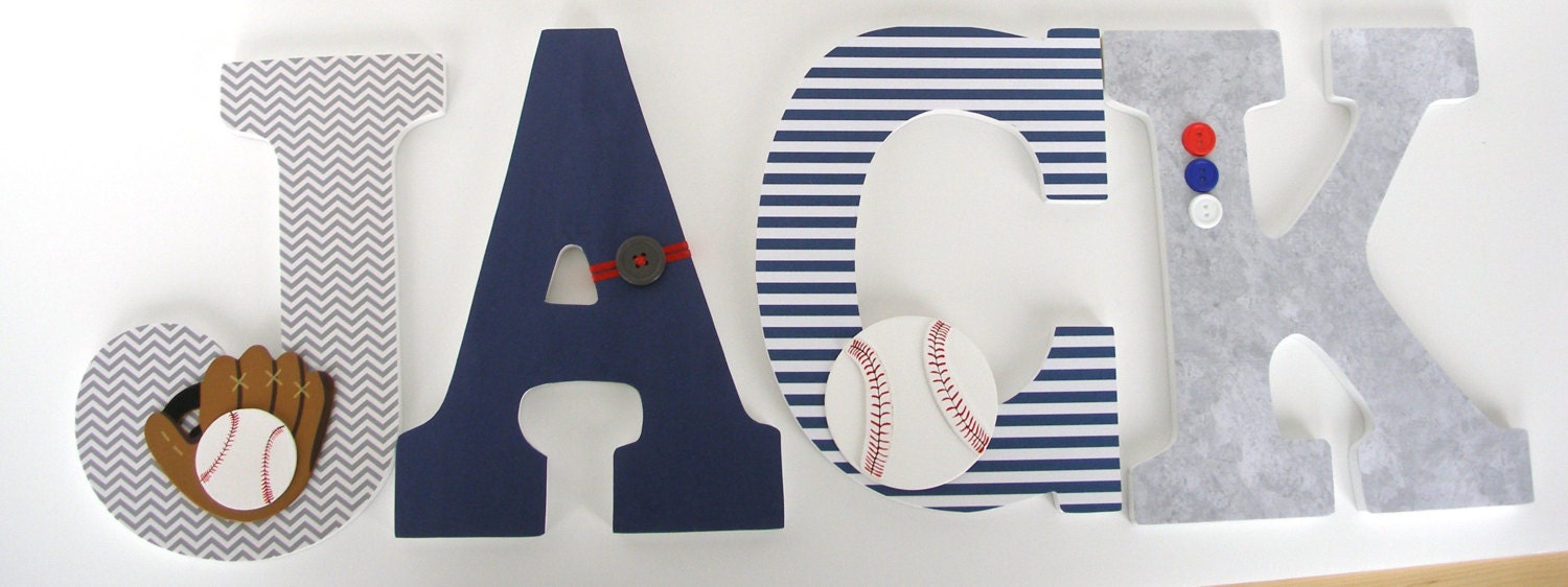 Decorated Wooden Letters Gray and Navy Blue With Red Accents | Etsy