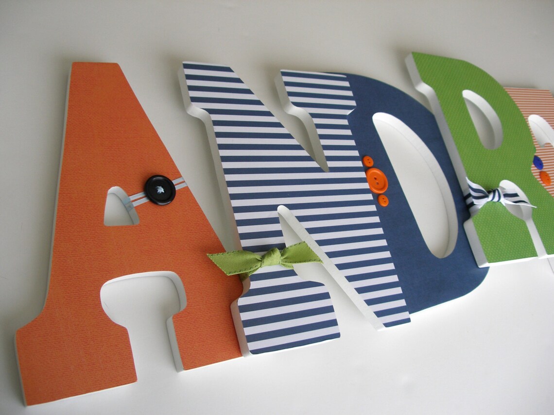 Wooden Wall Letter Set Navy Blue Green and Orange Hanging | Etsy