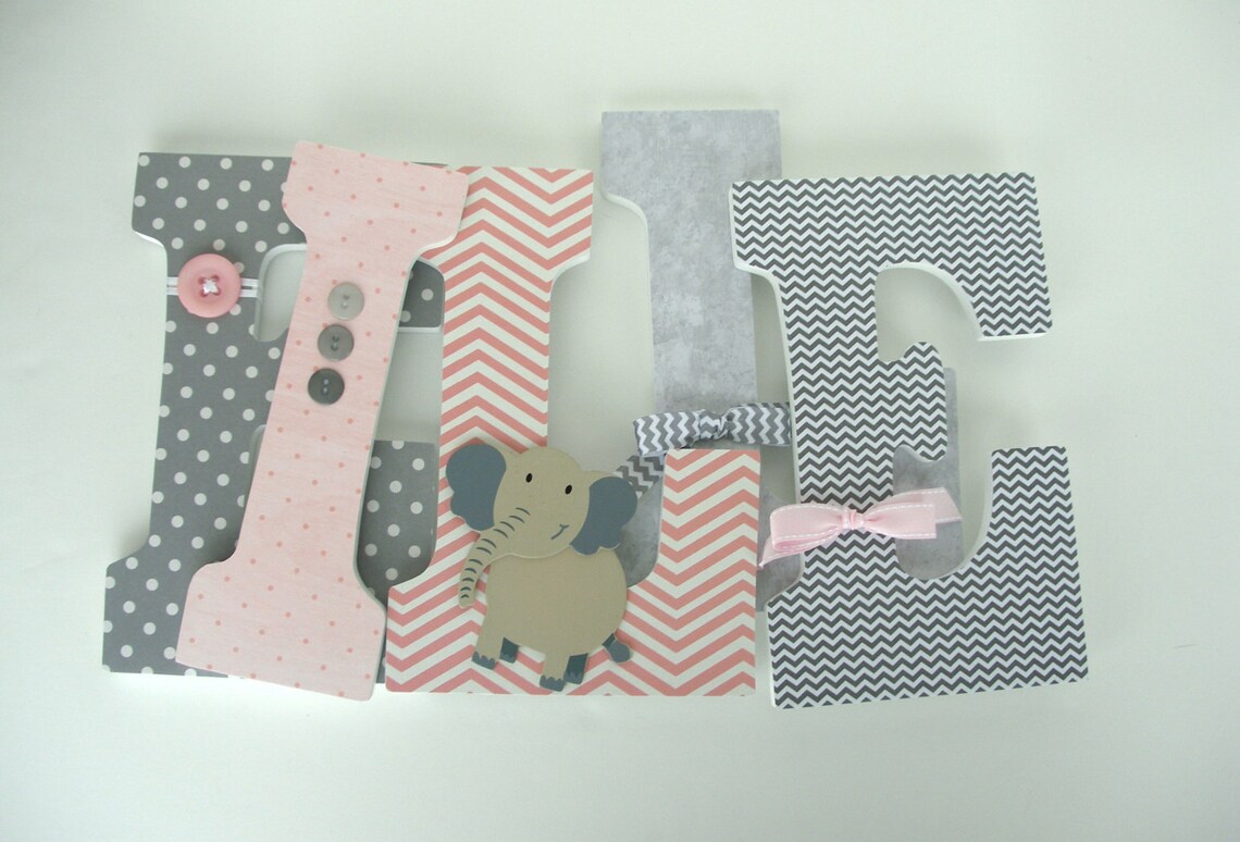 Custom Wood Letters for Girls Pink and Gray Elephant Theme | Etsy