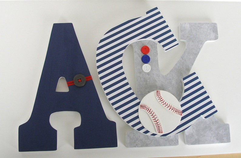 Decorated Wooden Letters Gray and Navy Blue With Red Accents | Etsy