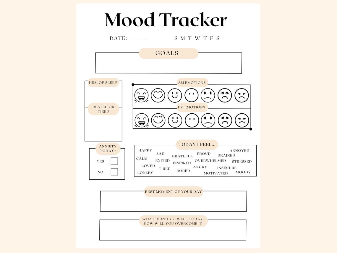 Printable Mood Tracker Template | Daily Mental Health Journal | Self ...