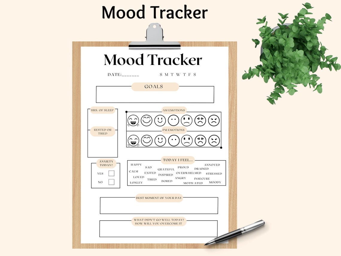 Printable Mood Tracker Template | Daily Mental Health Journal | Self ...
