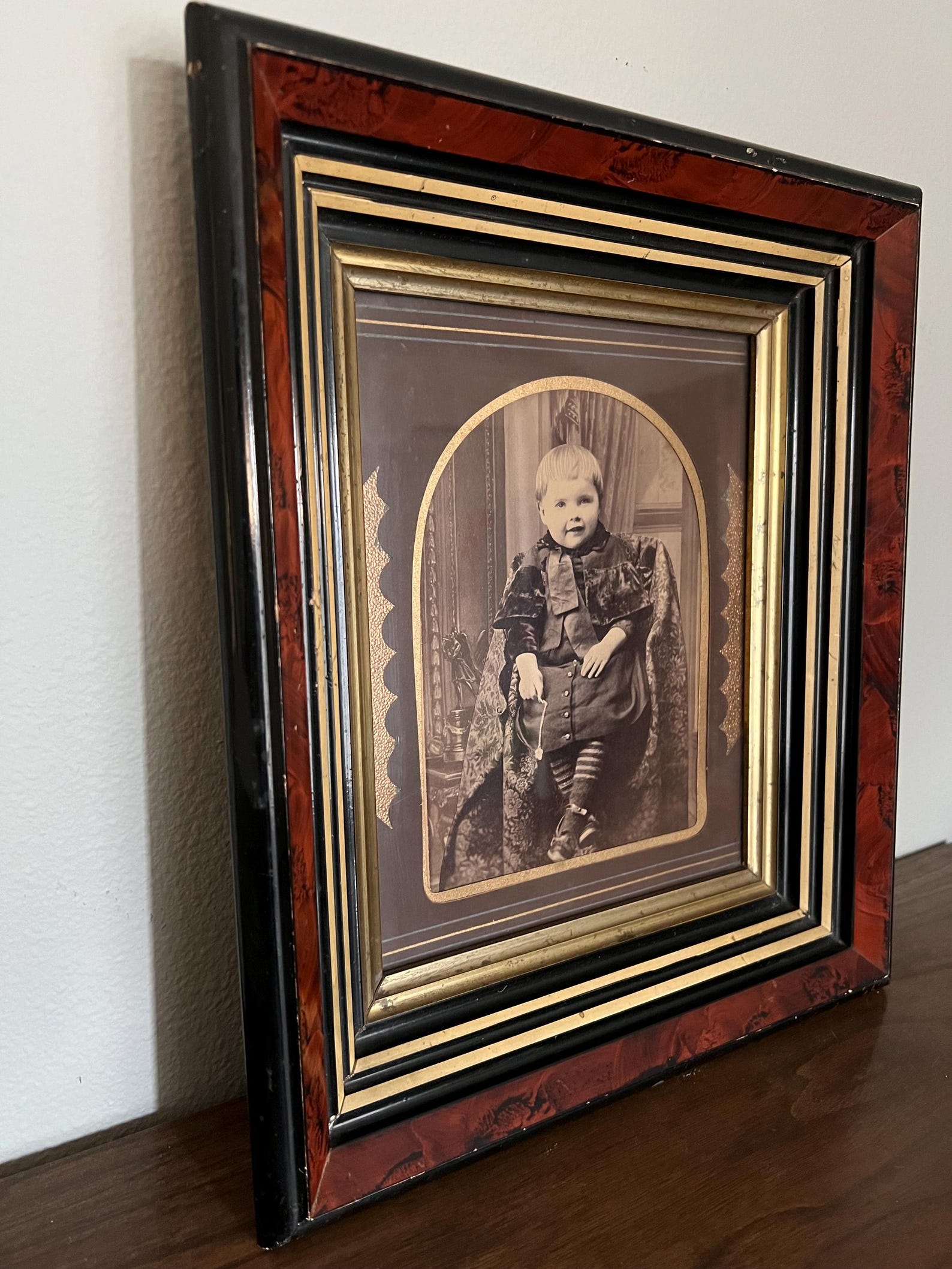 Antique Portrait, Child With Wand and Capelet in Deep Wooden Frame ...