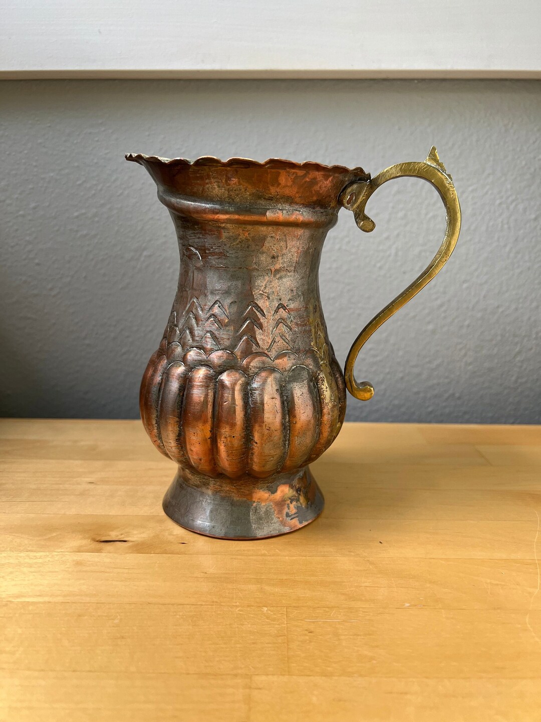 Vintage Mixed Metals Egyptian Copper Pitcher, Patterned Textures and ...