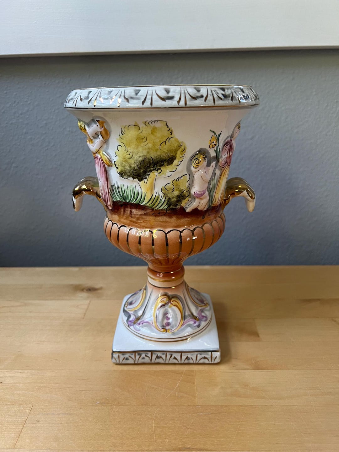 Vintage ELPA Alcobaca Pottery Pedestal Vase With Figures and Gold ...