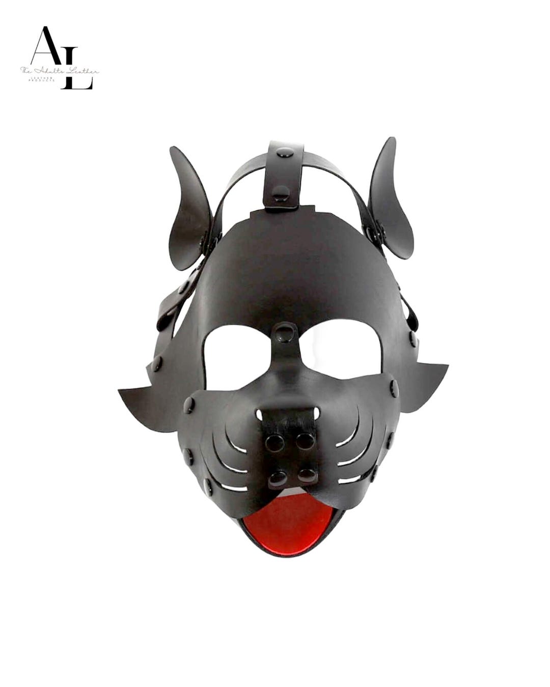 Black Leather Beta Pup Hood – Adjustable Puppy Play Headgear With Red ...
