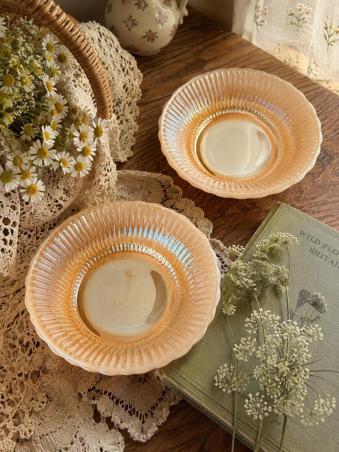 Vintage Fire-king Peach Lustre Shell Bowls | Iridescent Milk Glass ...
