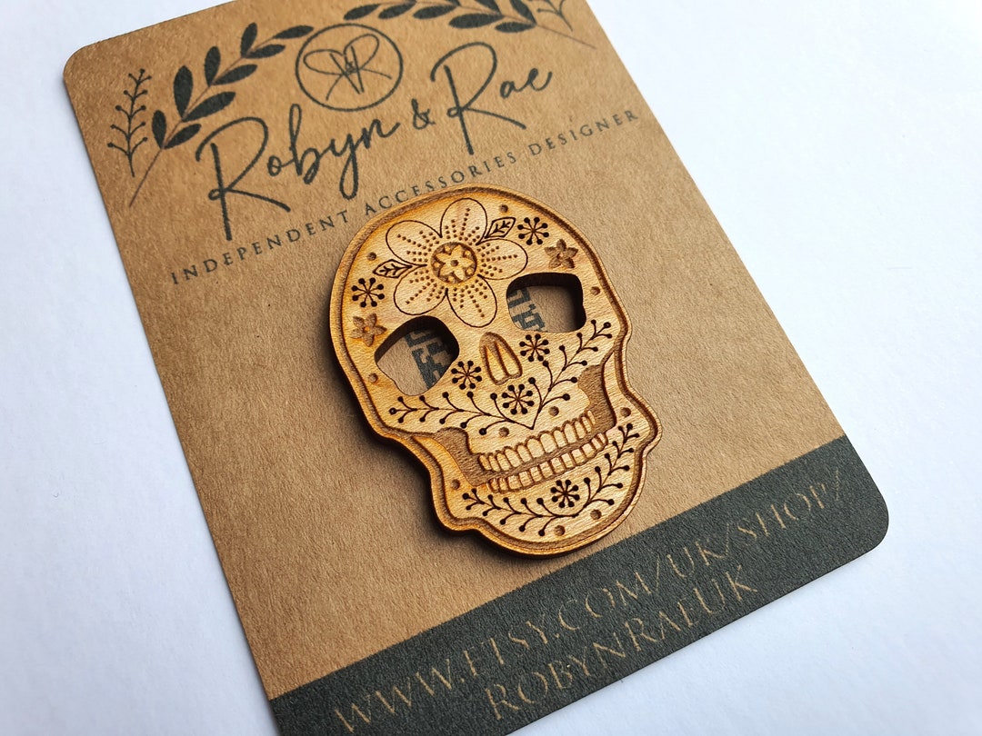 Wooden Sugar Skull Brooch Pin, Skull Pin Badge, Wooden Jewellery ...