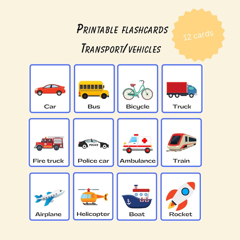 Transport Flashcards Printable | 12 Vehicle Cards for Kids | Preschool ...