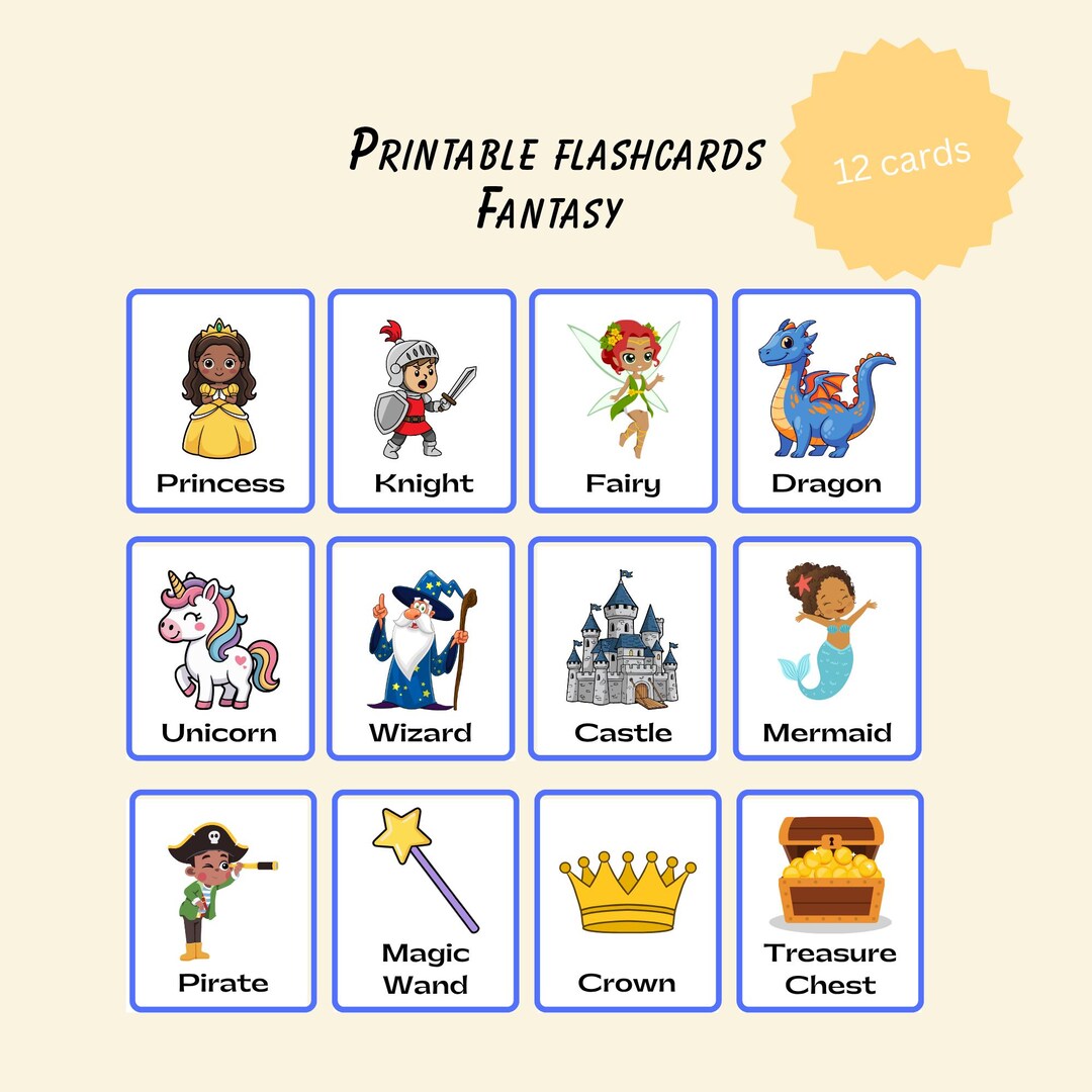 Fantasy Flashcards for Kids | Princess, Knight, Dragon, Unicorn, Wizard ...