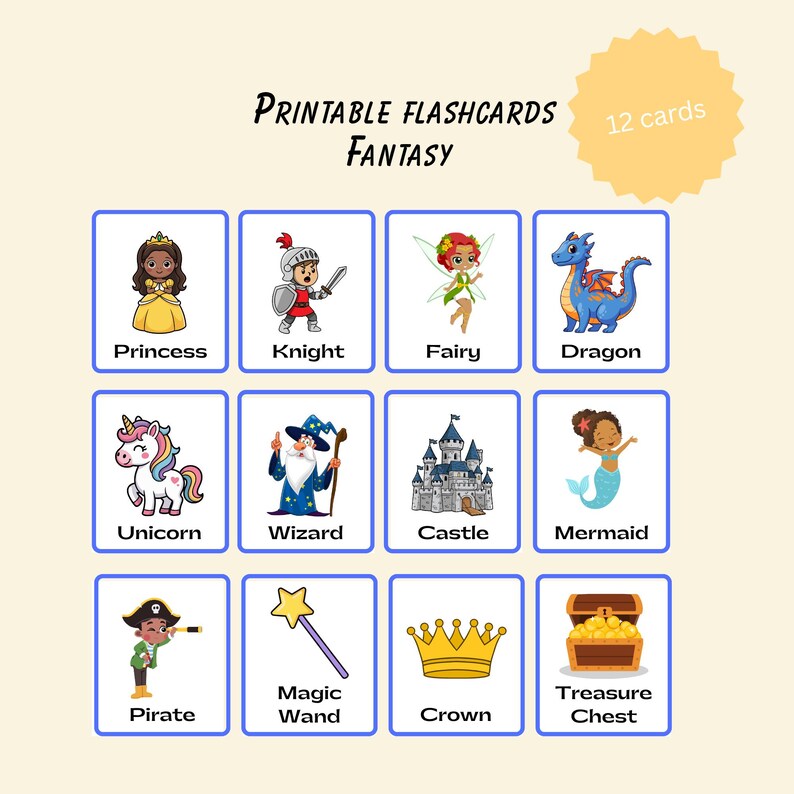 Fantasy Flashcards for Kids | Princess, Knight, Dragon, Unicorn, Wizard ...