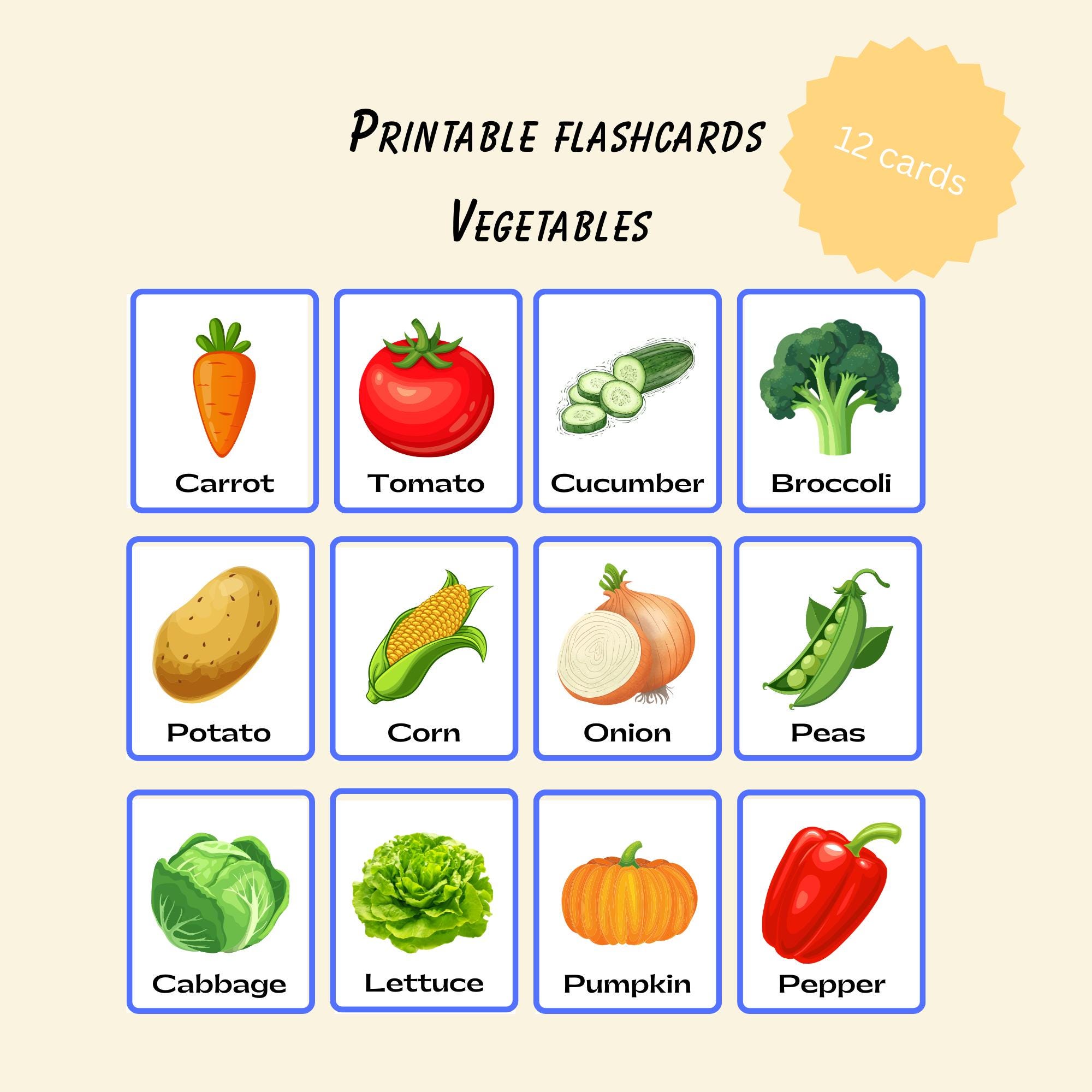 Vegetable Flashcards for Kids – 12 Printable Vegetables – Preschool ...