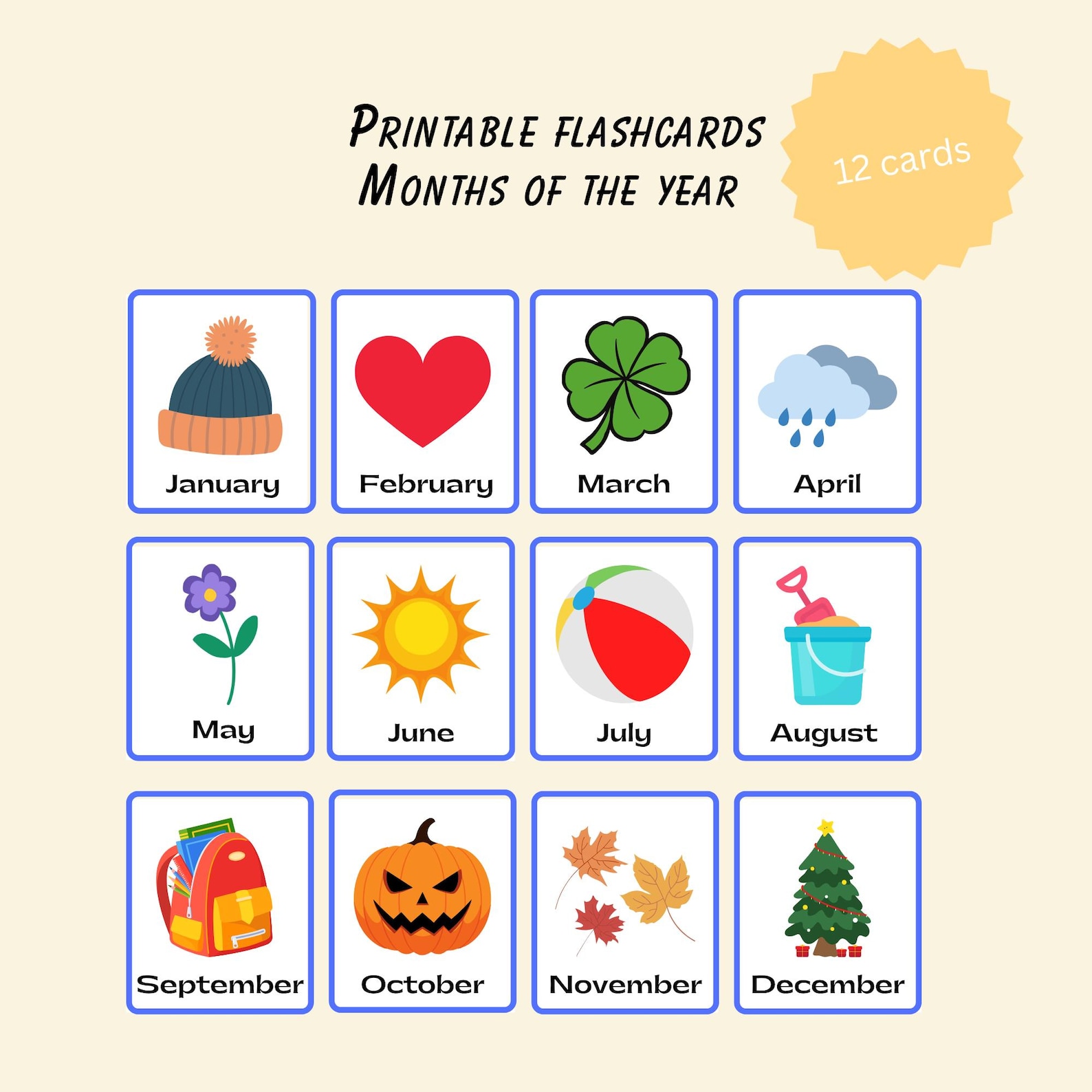 Months of the Year Flashcards Printable | 12 Seasonal Learning Cards ...