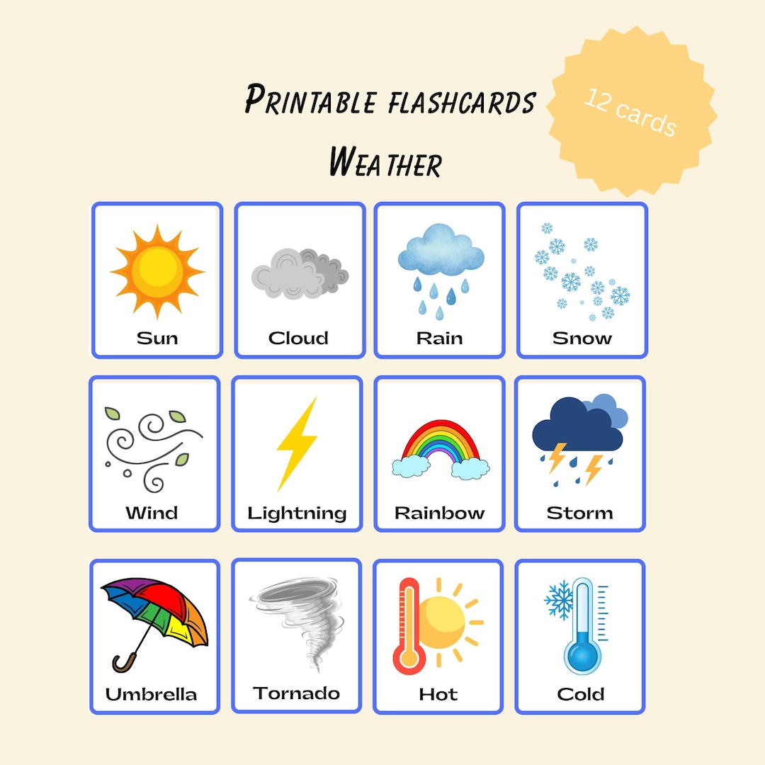 Weather Flashcards for Kids | 12 Printable Weather Cards | Preschool ...