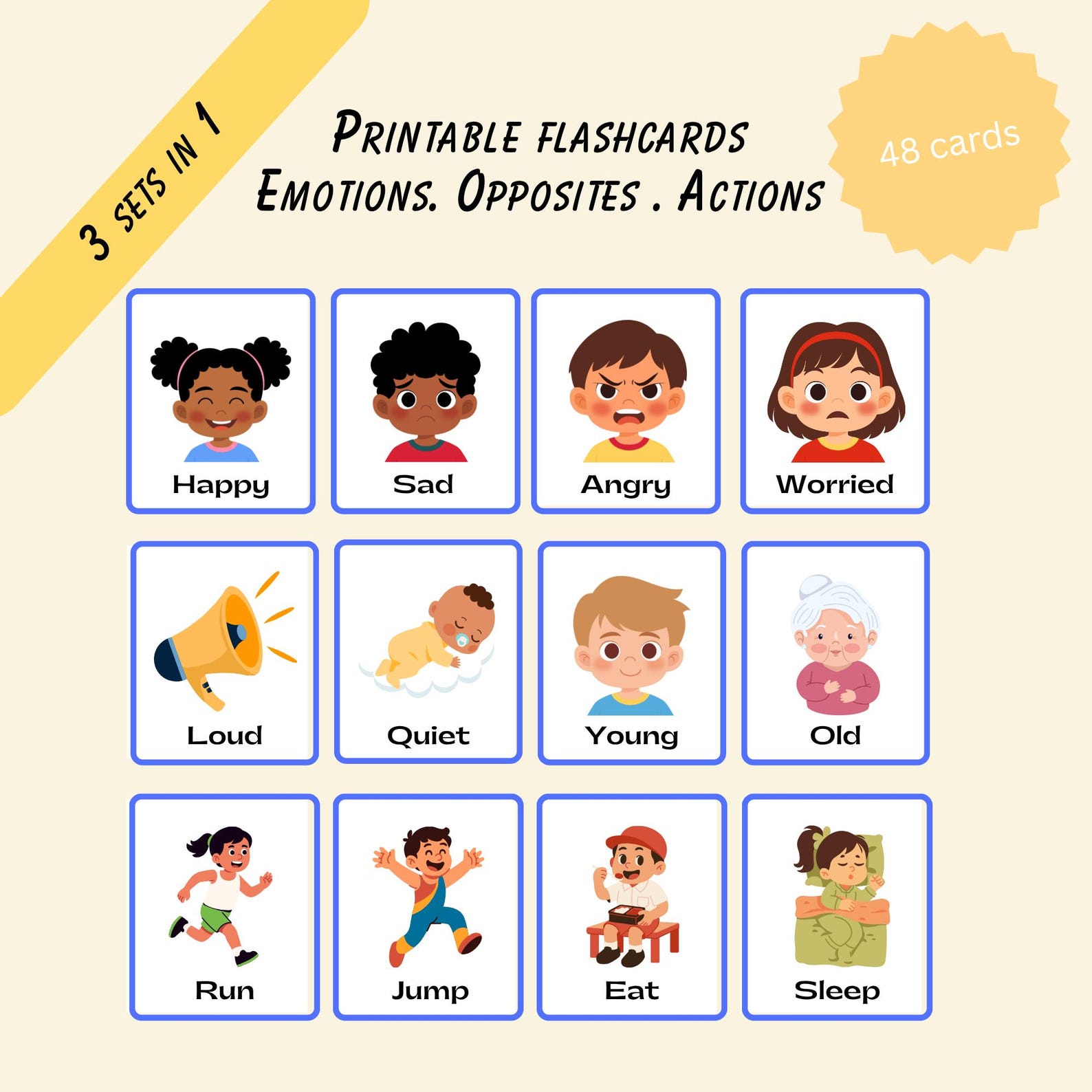 Preschool Flashcards Bundle | Emotions, Opposites & Actions | 48 ...