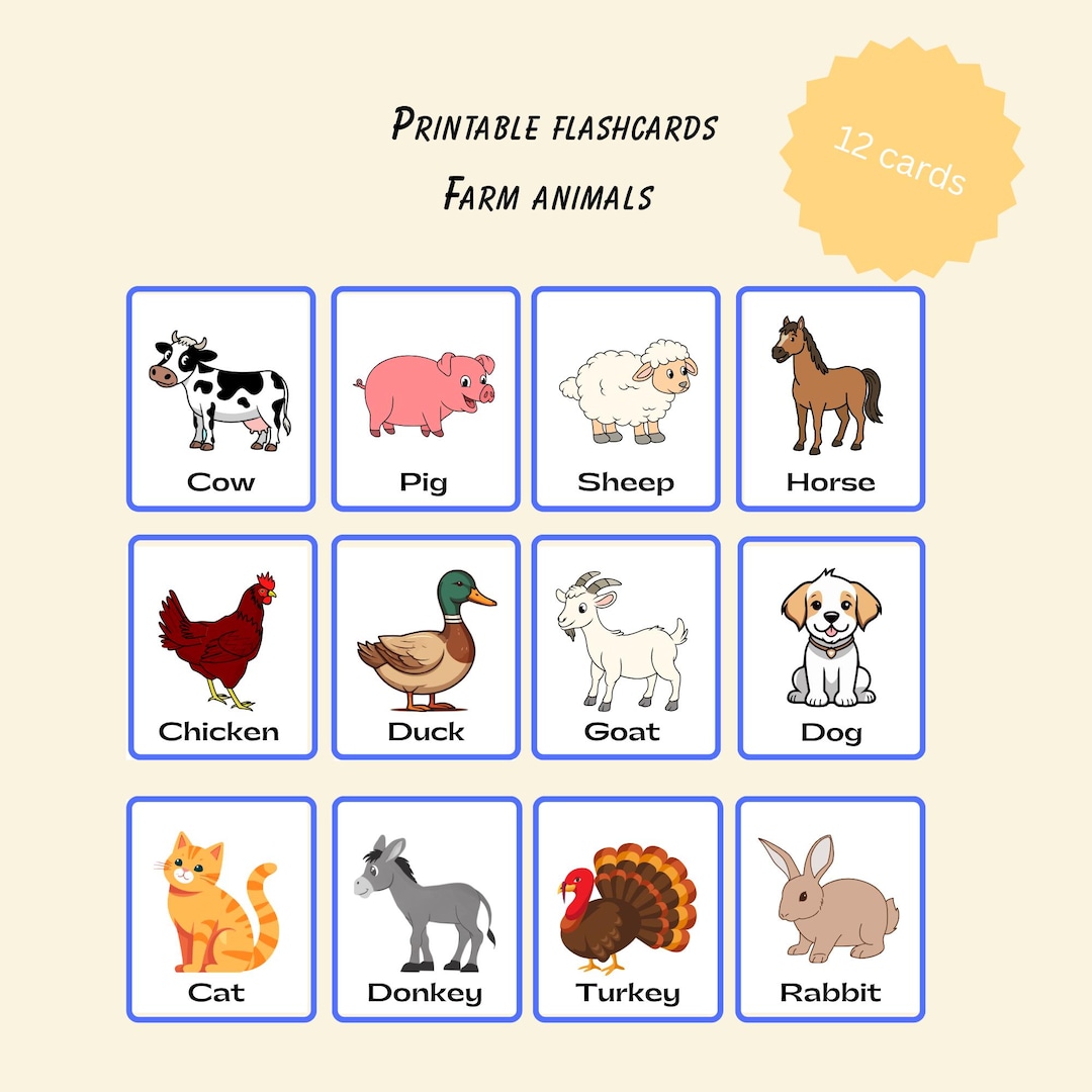 Farm Animals Flashcards Printable | 12 Animal Cards for Kids ...