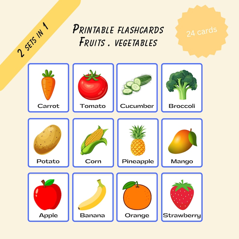 Fruits and Vegetables Flashcards Bundle | 24 Printable Food Cards ...