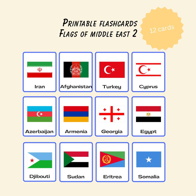 Flags of the Middle East 2 | 12 Printable Learning Cards - Etsy