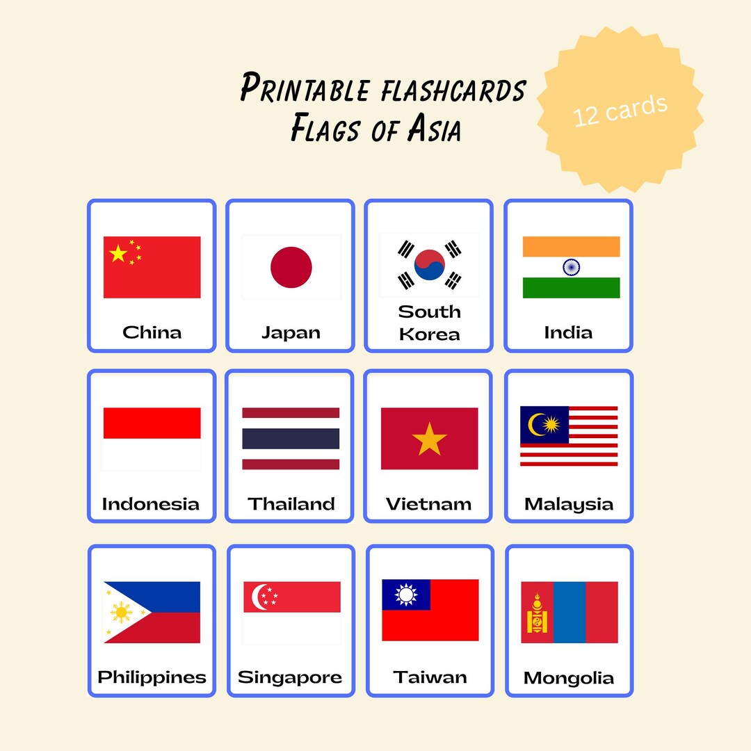 Flags of Asia Flashcards: Geography Learning for Kids (digital Download ...