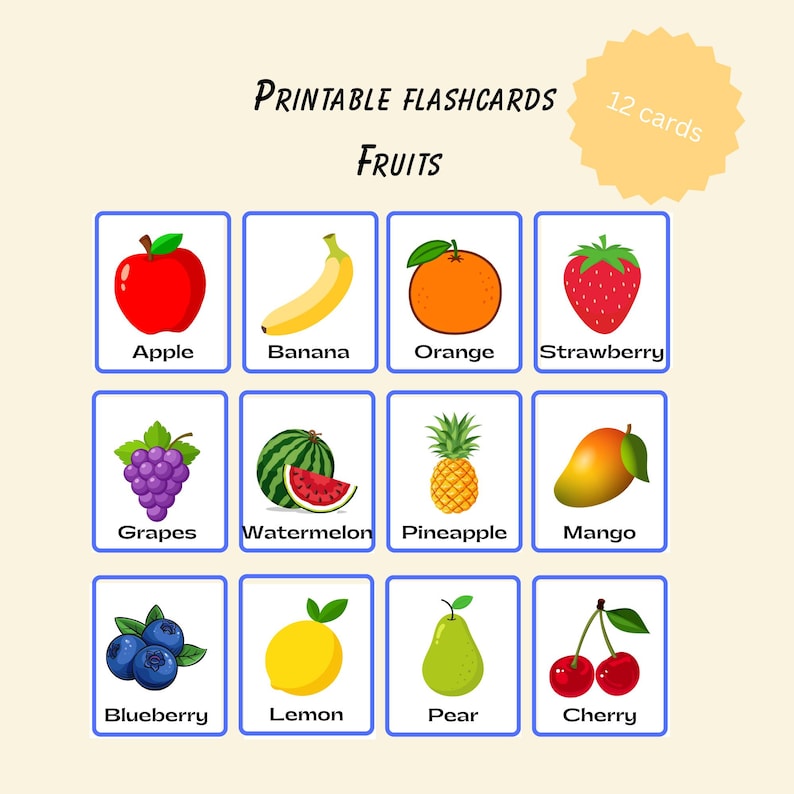 Fruit Flashcards for Kids – 12 Printable Fruits – Preschool & Toddler ...