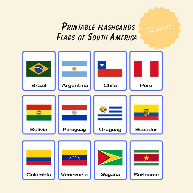 Flags of South America | Printable Flashcards for Kids - Etsy