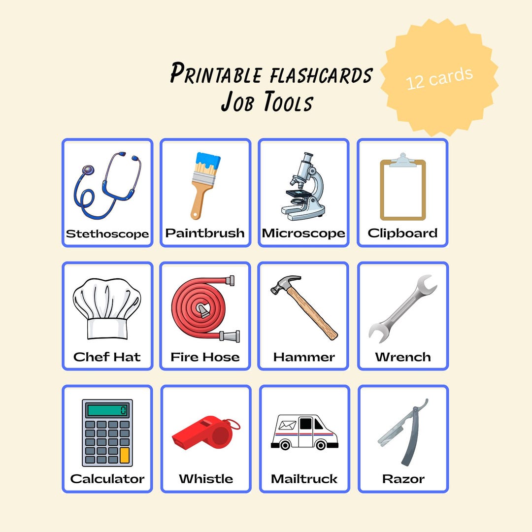 Printable Job Tools Flashcards | Kids Learning Cards | Preschool PDF - Etsy