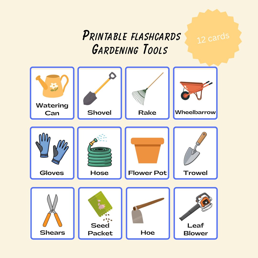Gardening Tools Flashcards | 12 Printable Cards for Kids | Montessori ...