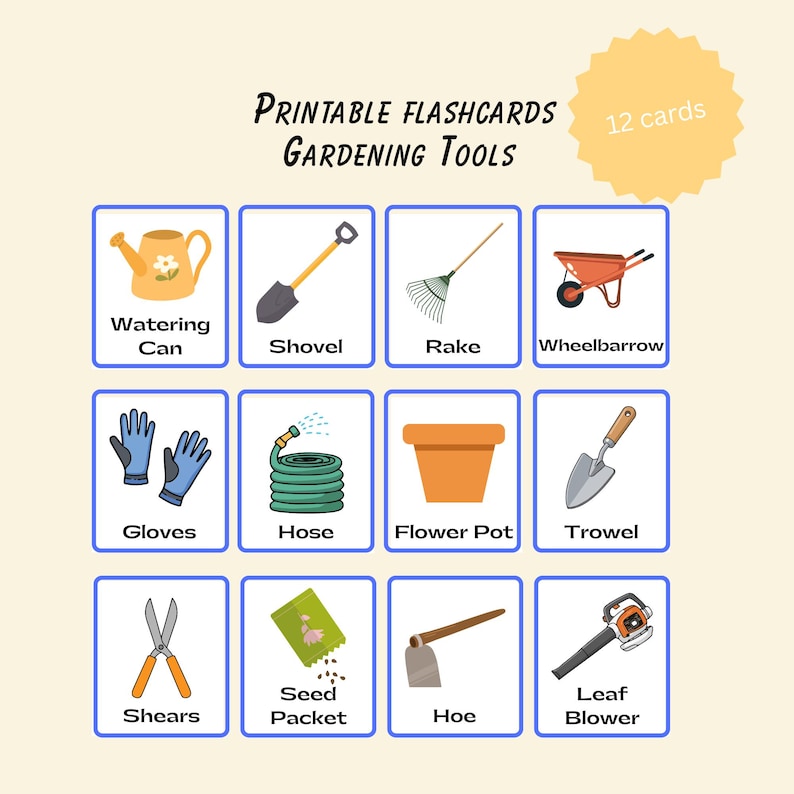 Gardening Tools Flashcards | 12 Printable Cards for Kids | Montessori ...