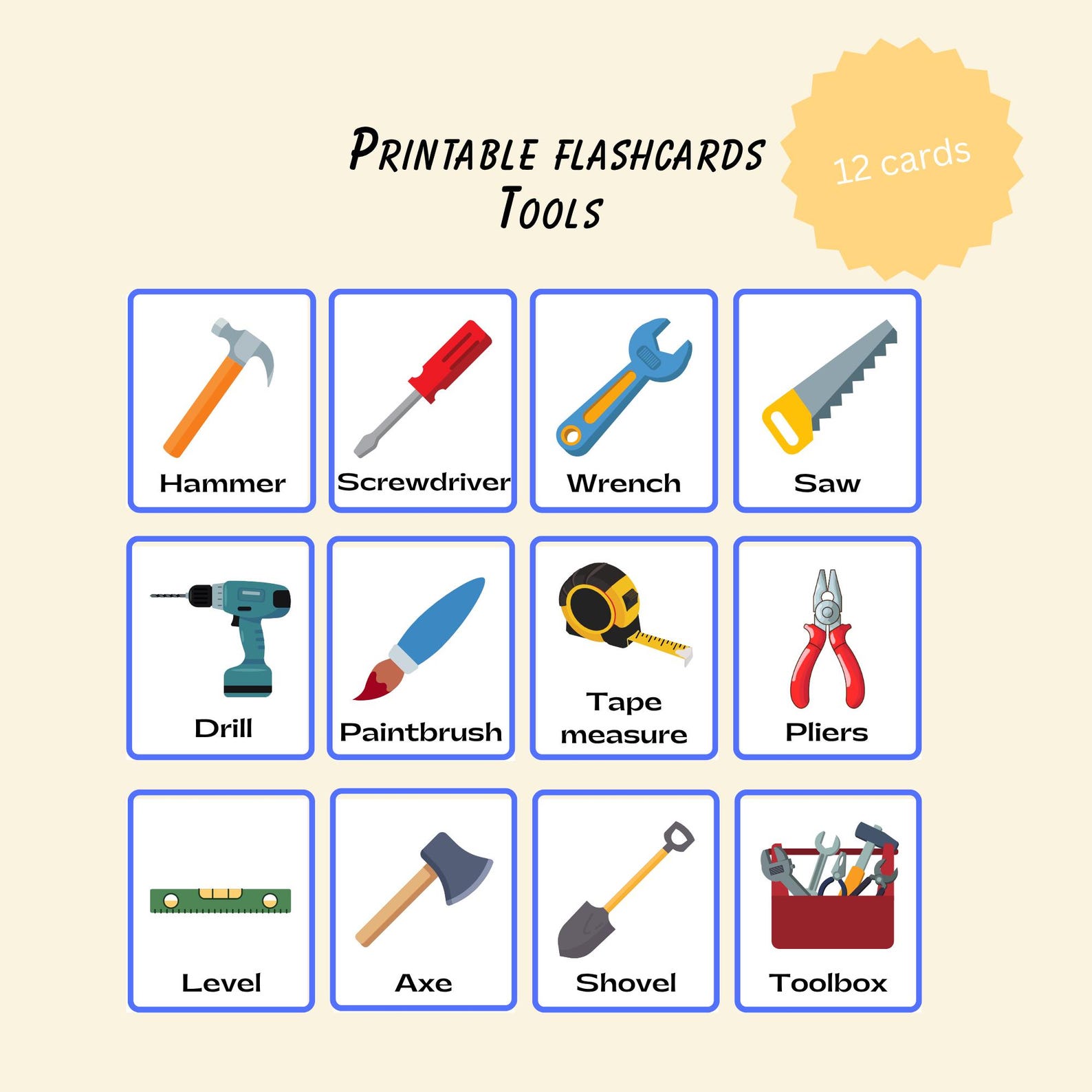Tools Flashcards for Kids Printable | Construction Tool Cards ...