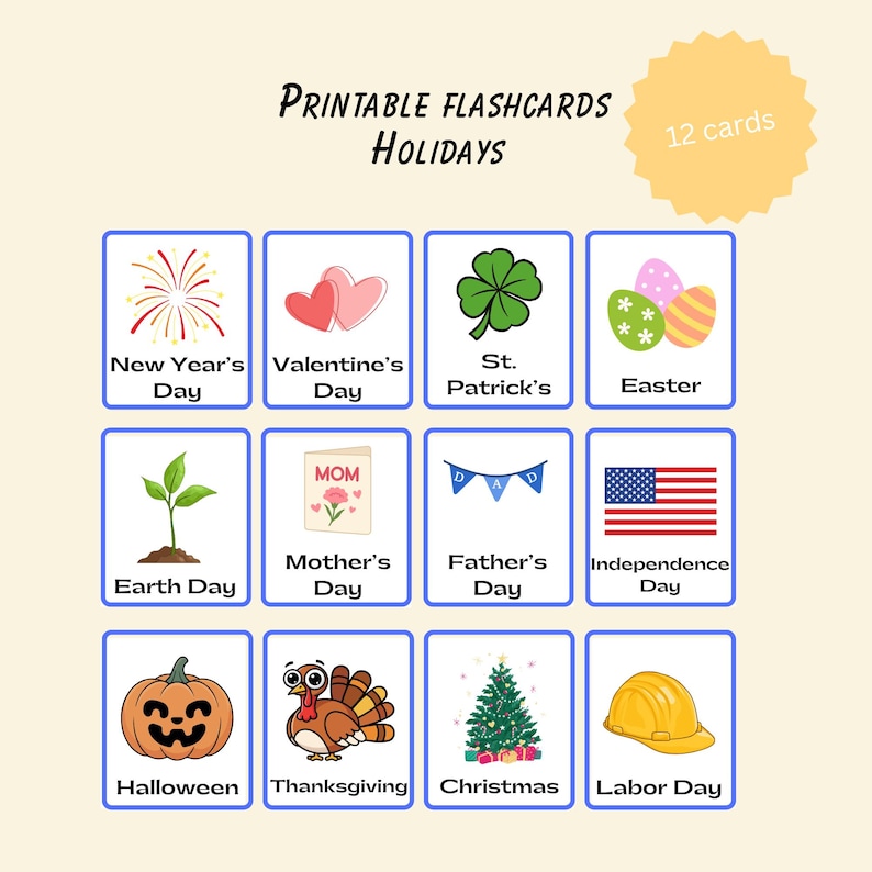 Holiday Flashcards Printable | 12 Seasonal Learning Cards for Kids ...