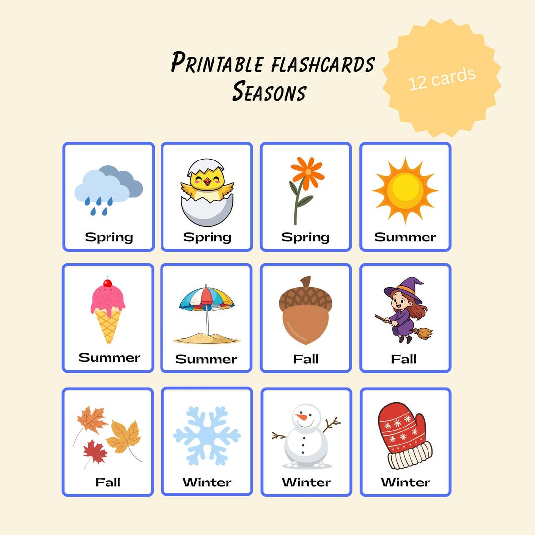Seasons Flashcards Printable | 12 Seasonal Learning Cards for Kids ...