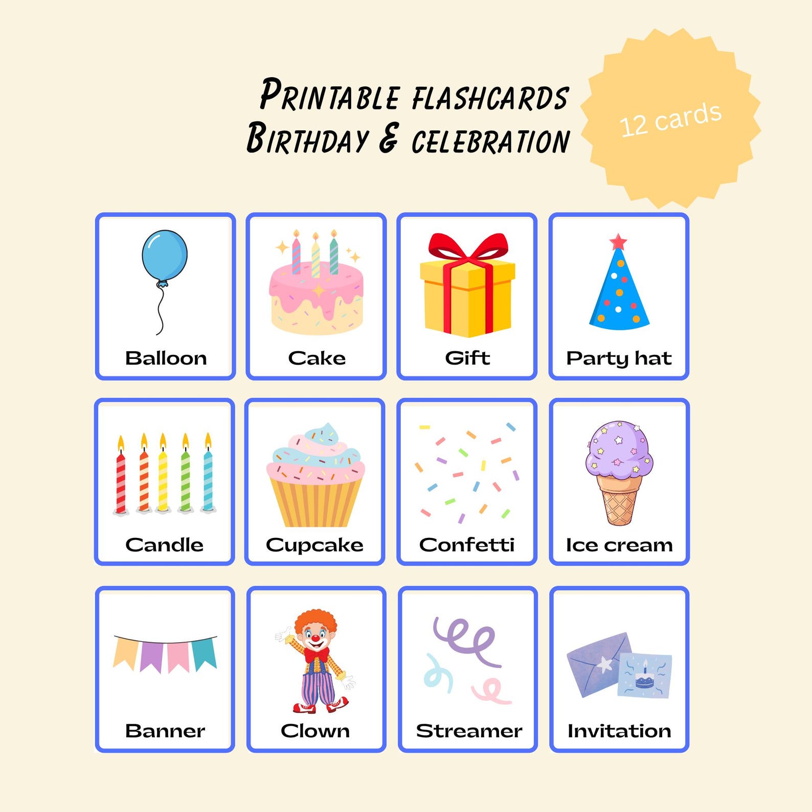 Birthday Party Flashcards: Preschool Learning (digital Download) - Etsy