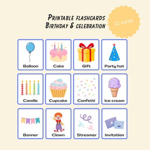 Birthday Party Flashcards: Preschool Learning (digital Download) - Etsy
