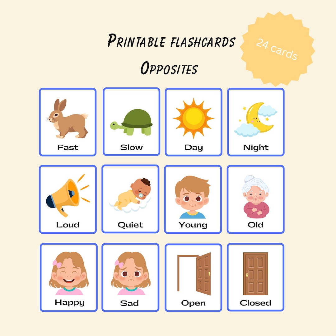 Opposites Flashcards Printable | 24 Learning Cards for Kids | Preschool ...