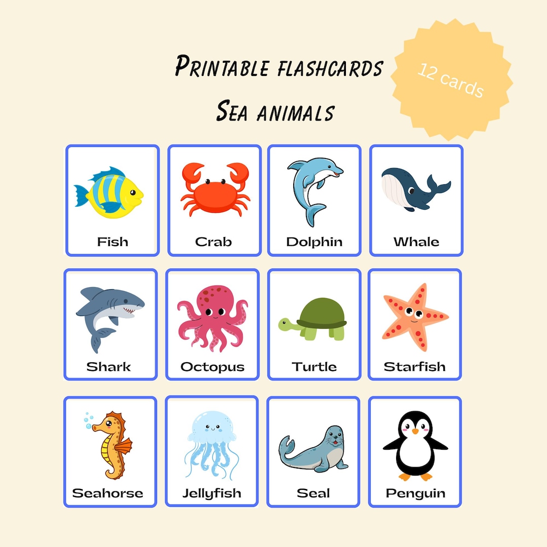 Sea Animals Flashcards for Kids – 12 Printable Ocean Animal Cards ...