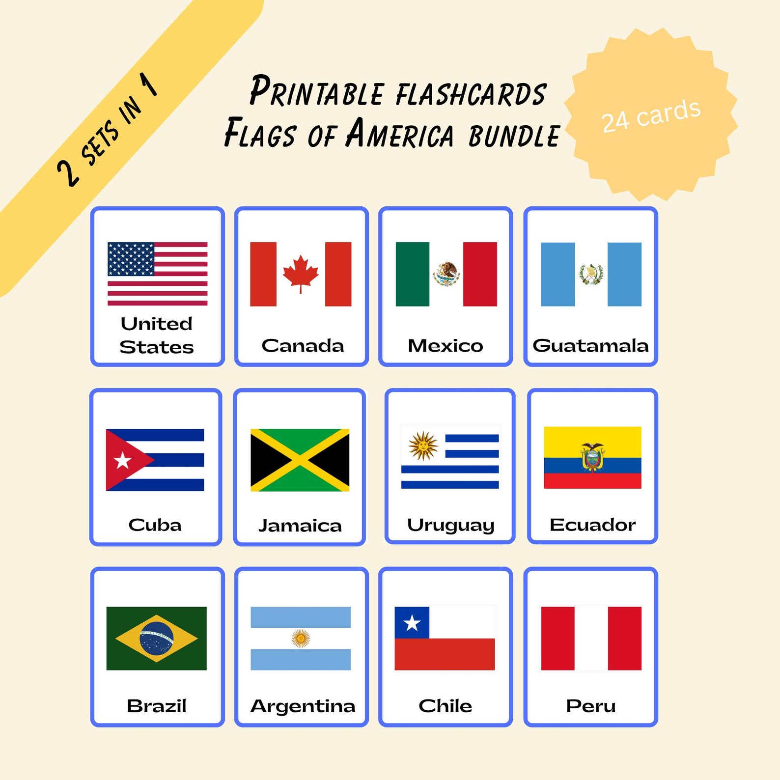 Flags of the Americas Bundle | 24 Printable Country Flashcards for Kids ...
