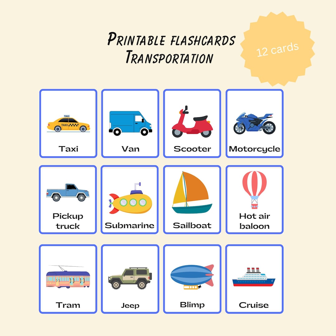 Transportation Flashcards for Kids | 12 Printable Vehicle Cards ...