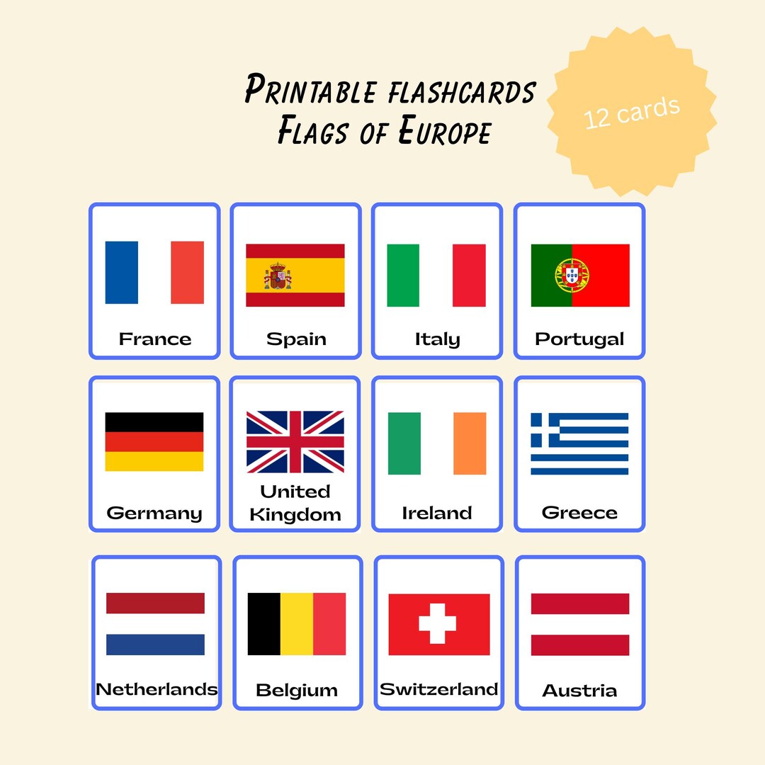 Flags of Europe Flashcards: Geography Learning for Toddlers (PDF ...