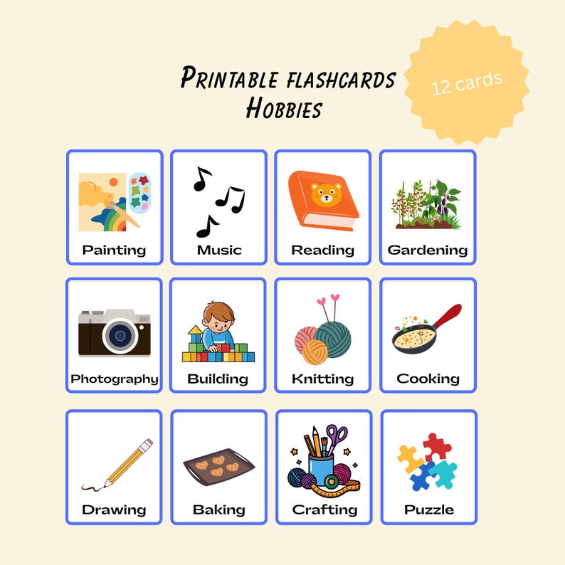 Hobbies Flashcards for Kids – 12 Printable Activity Cards for Toddlers ...