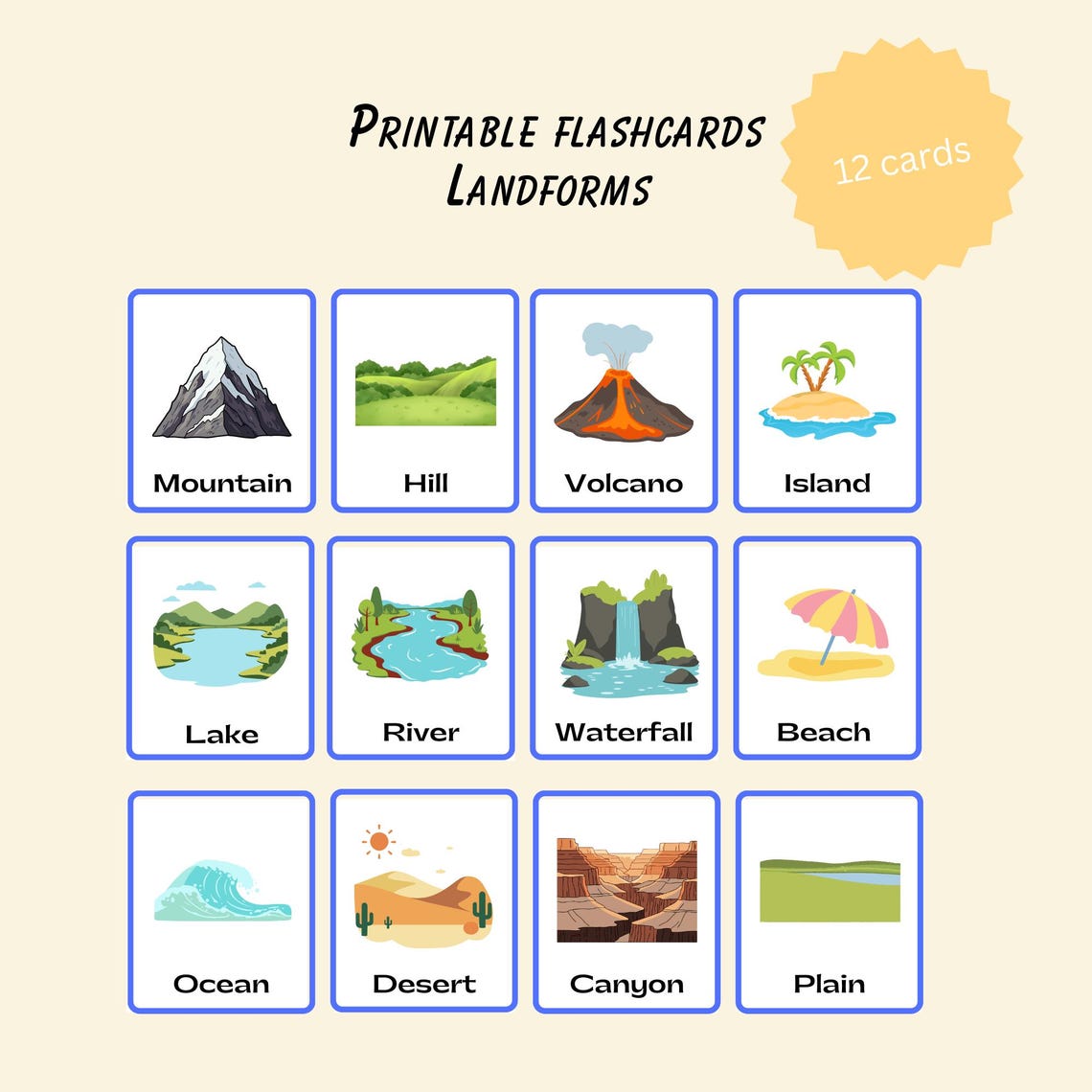 Landforms Flashcards | 12 Printable Nature Cards for Kids | Preschool ...