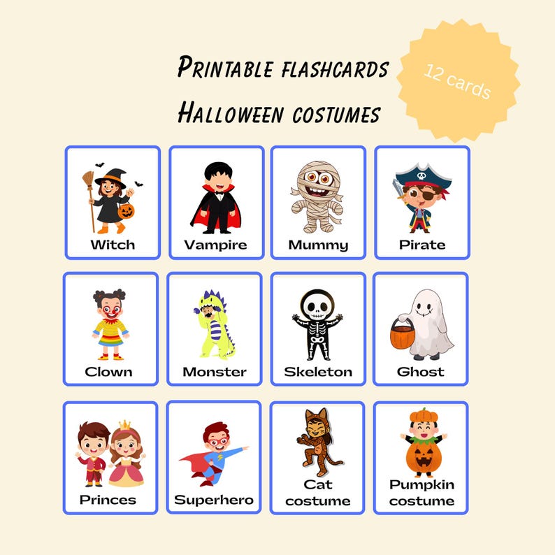 Halloween Costumes Flashcards for Kids – 12 Printable Dress-up Cards ...