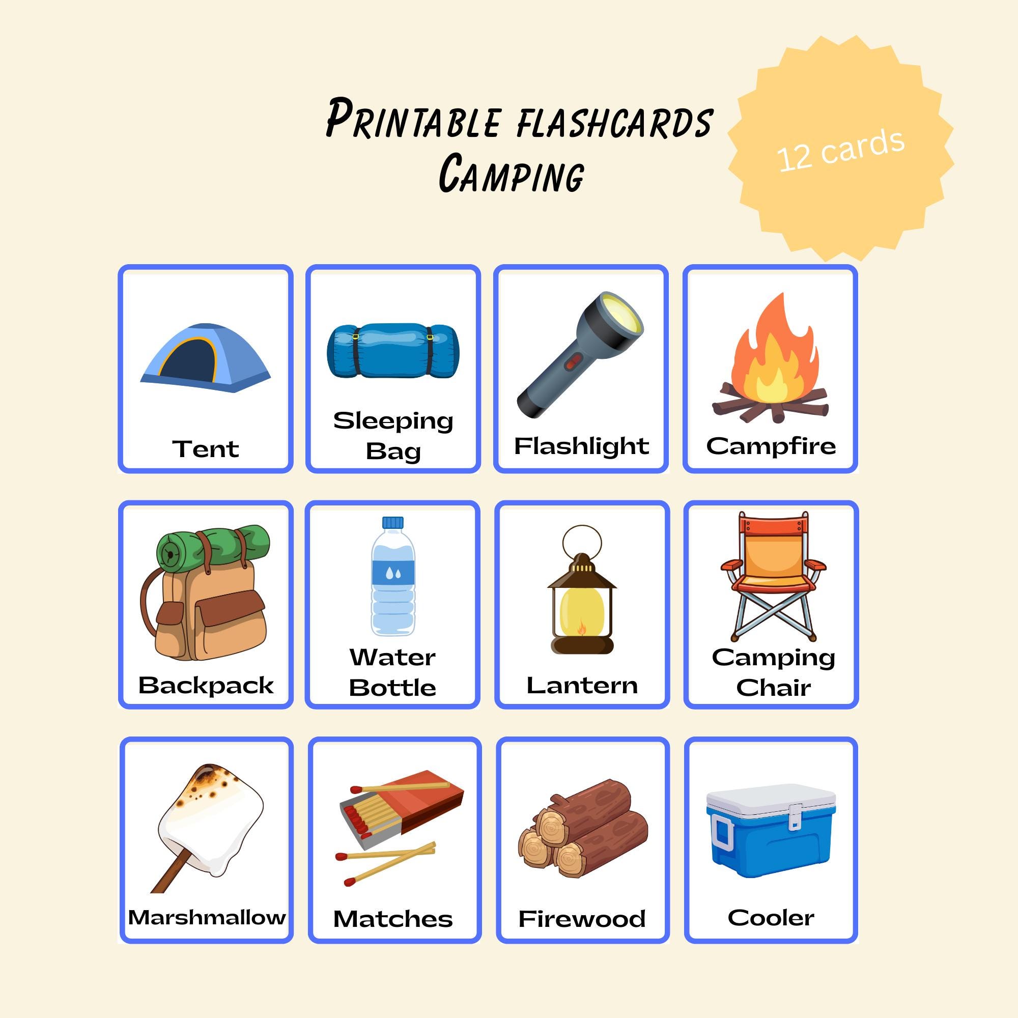 Camping Vocabulary Flashcards for Toddlers | Printable Camping Items ...